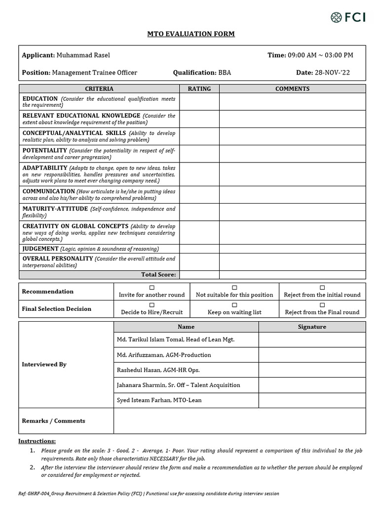 Interview Evaluation Form - Fci (Mto) | Download Free PDF | Cognition ...
