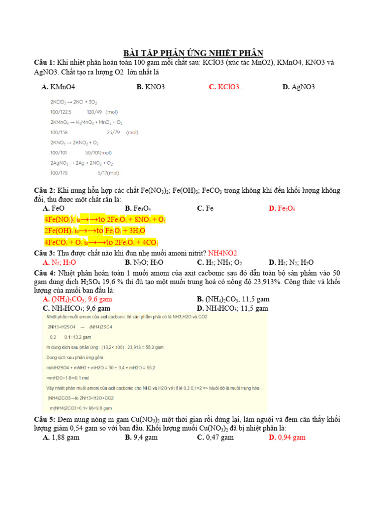 BT PHẢN ỨNG NHIỆT PHÂN | PDF