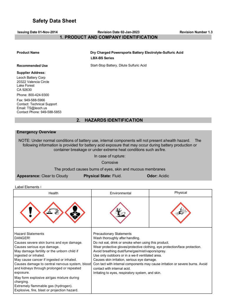 Leoch MSDS SDS Dry Charged Batteries English | PDF | Toxicity ...