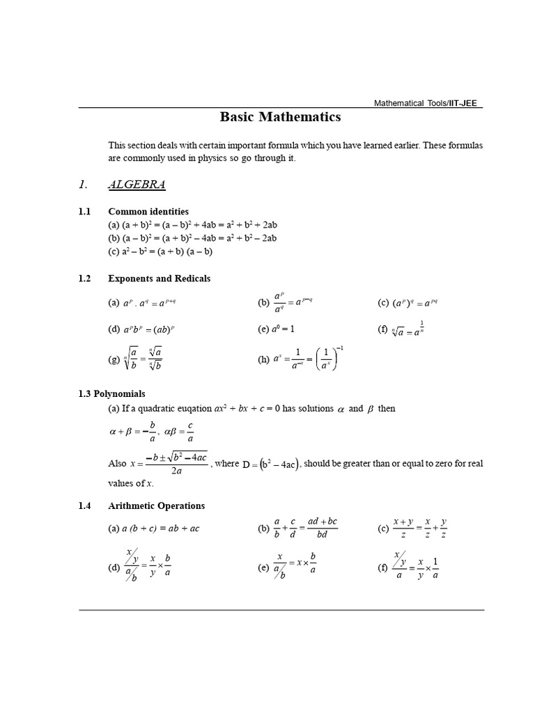 IIT-JEE Mathematical Tools Guide | PDF | Quadratic Equation | Algebra