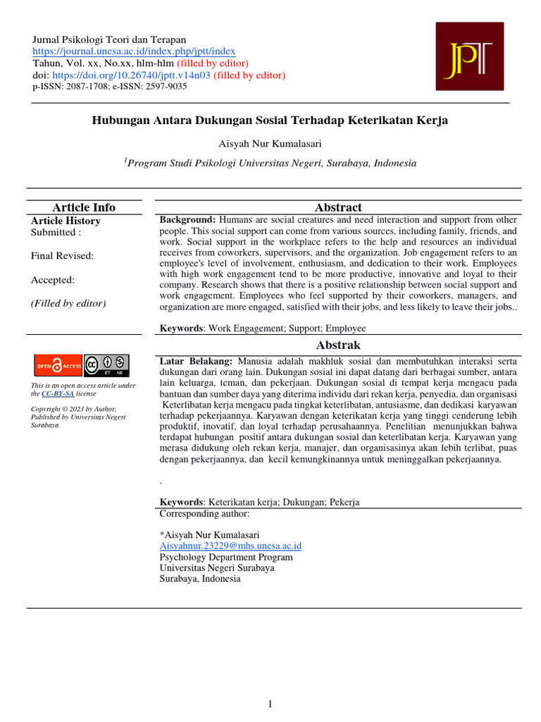 Hubungan Antara Dukungan Sosial Terhadap Keterikatan Kerja | PDF