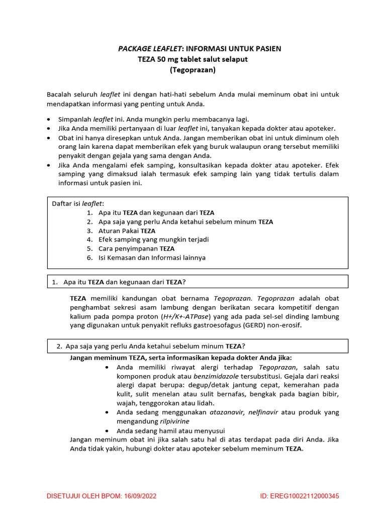 Teza Tablet Salut Selaput 50mg Tegoprazan DKI2265100117A1 2022 PIL | PDF