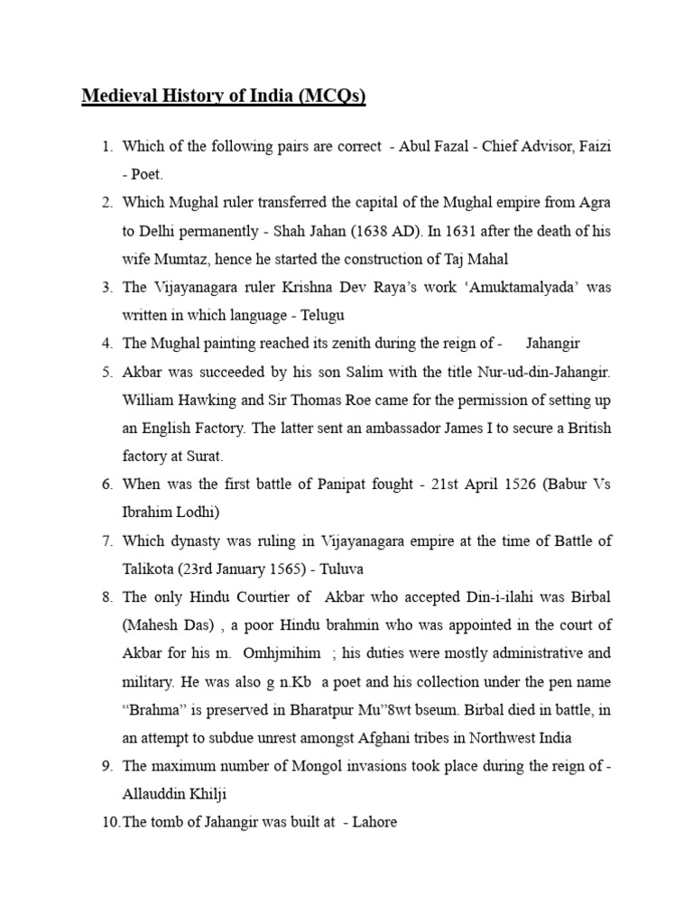 Medieval History of India (MCQS) | PDF | Mughal Empire