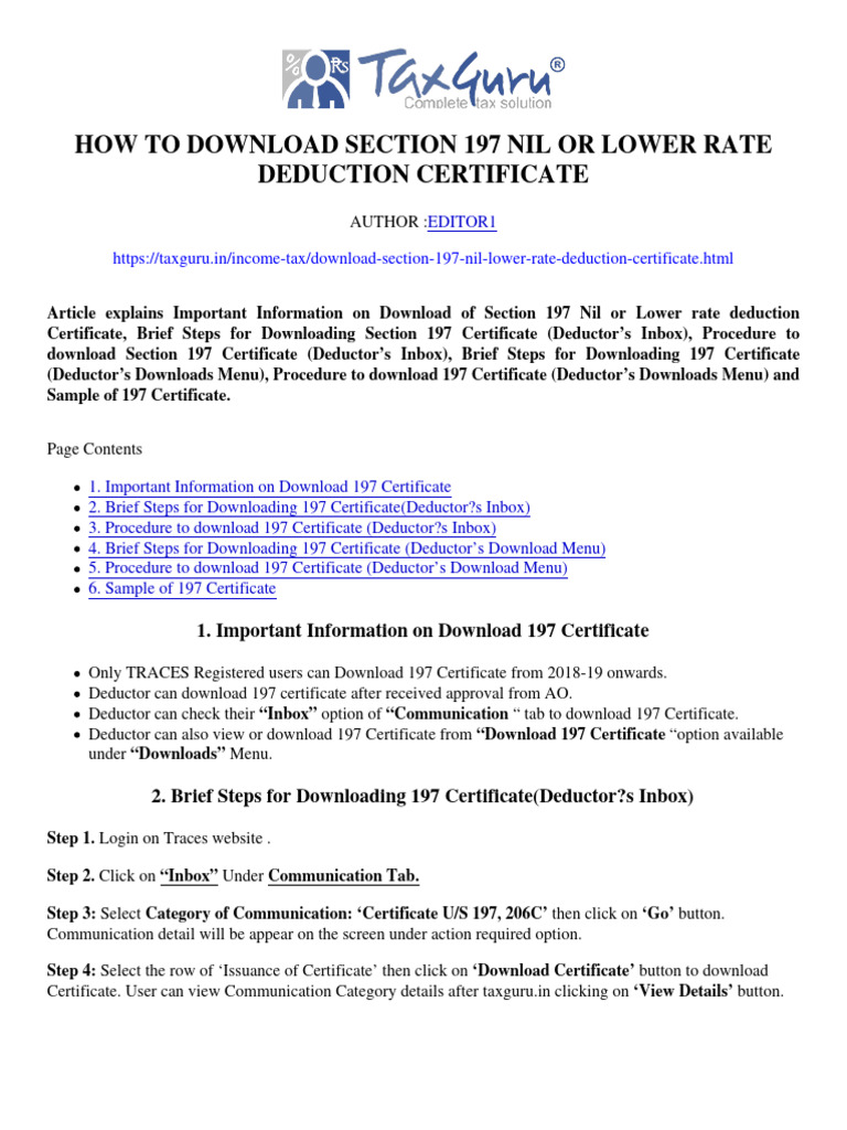 How To Download Section 197 Nil or Lower Rate Deduction Certificate - Taxguru - in | PDF ...