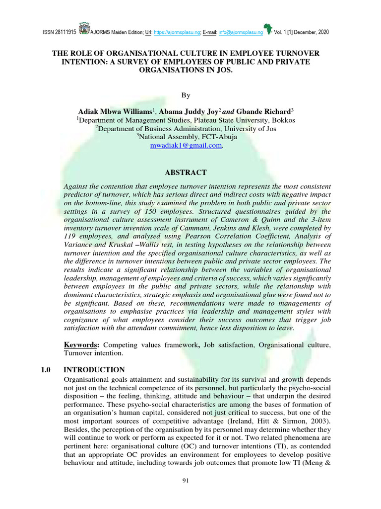 The Role of Organisational Culture in Employee Turnover Intention A ...