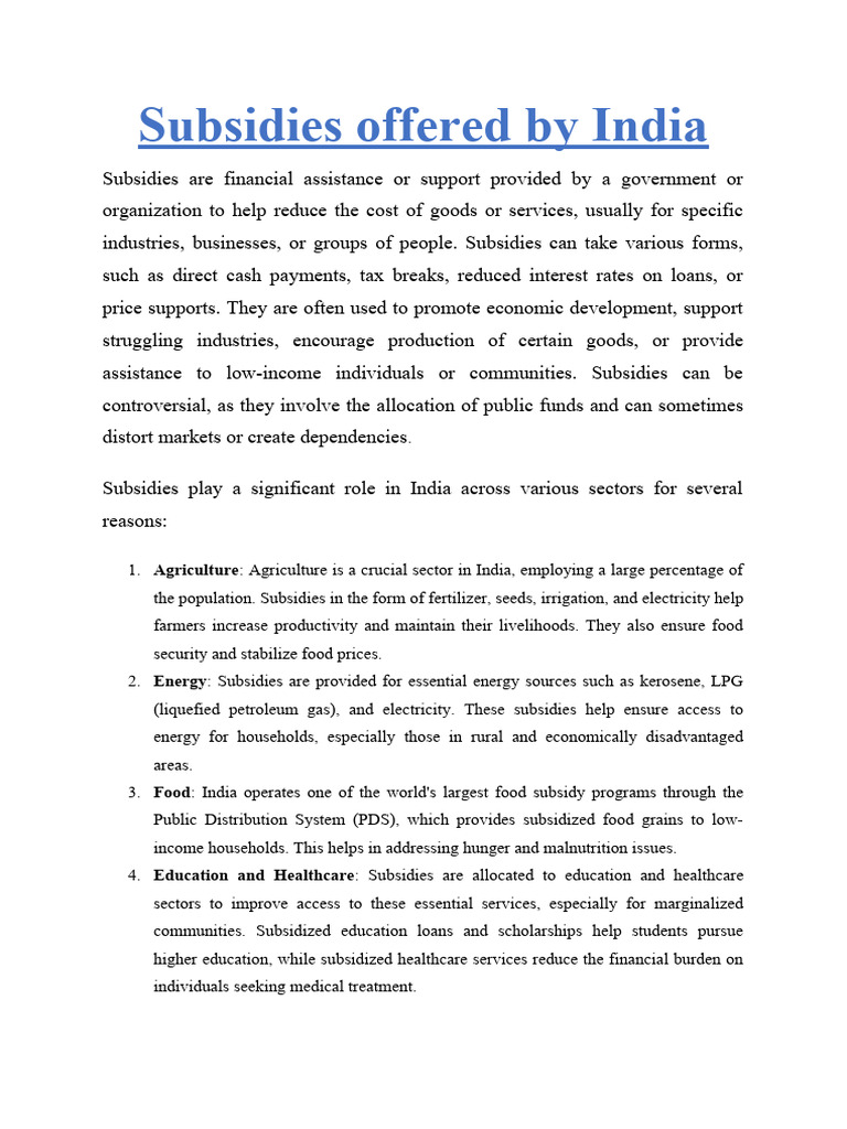 Subsidies Offered by India | PDF | Subsidy | Agricultural Subsidy