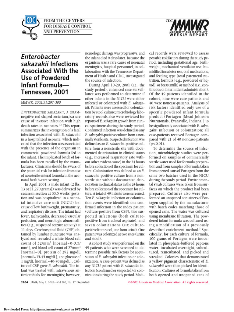 2002 JAMA - Enterobacter Sakazakii Infections Associated With The Use ...