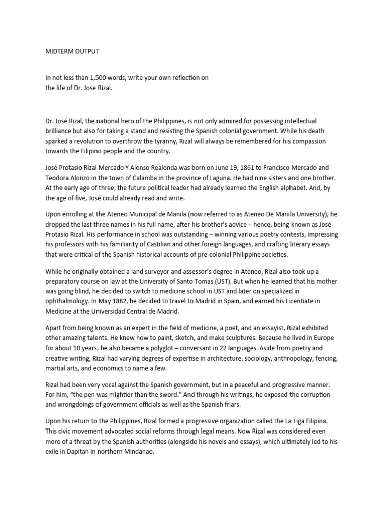 MIDTERM OUTPUT Reflection On Life of Rizal | PDF | Philippines