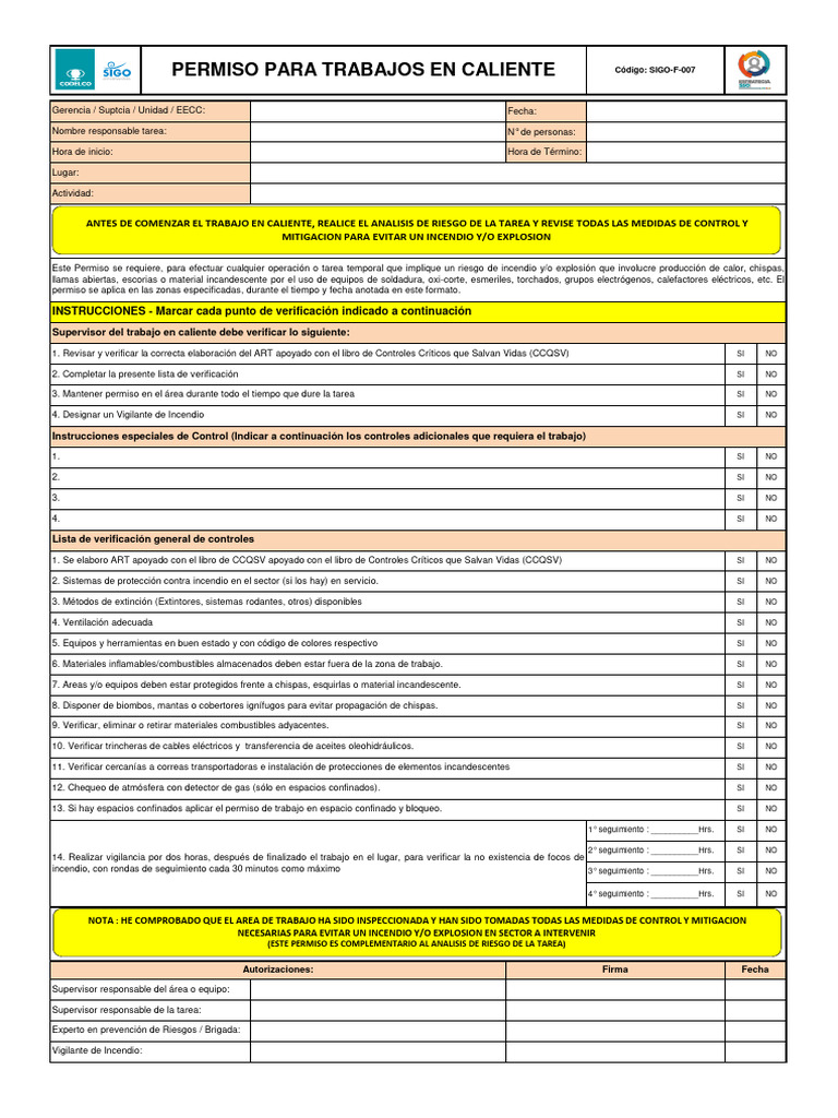Permiso para Trabajos en Caliente | PDF