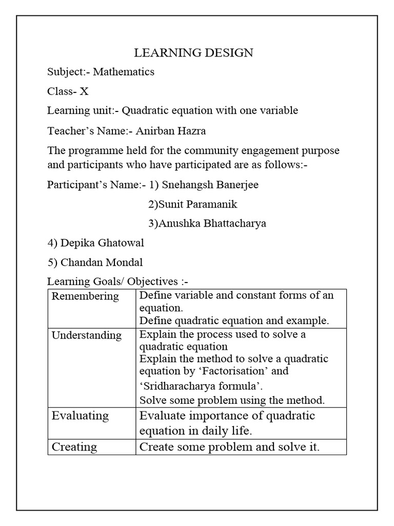 Learning Design | PDF | Quadratic Equation | Equations