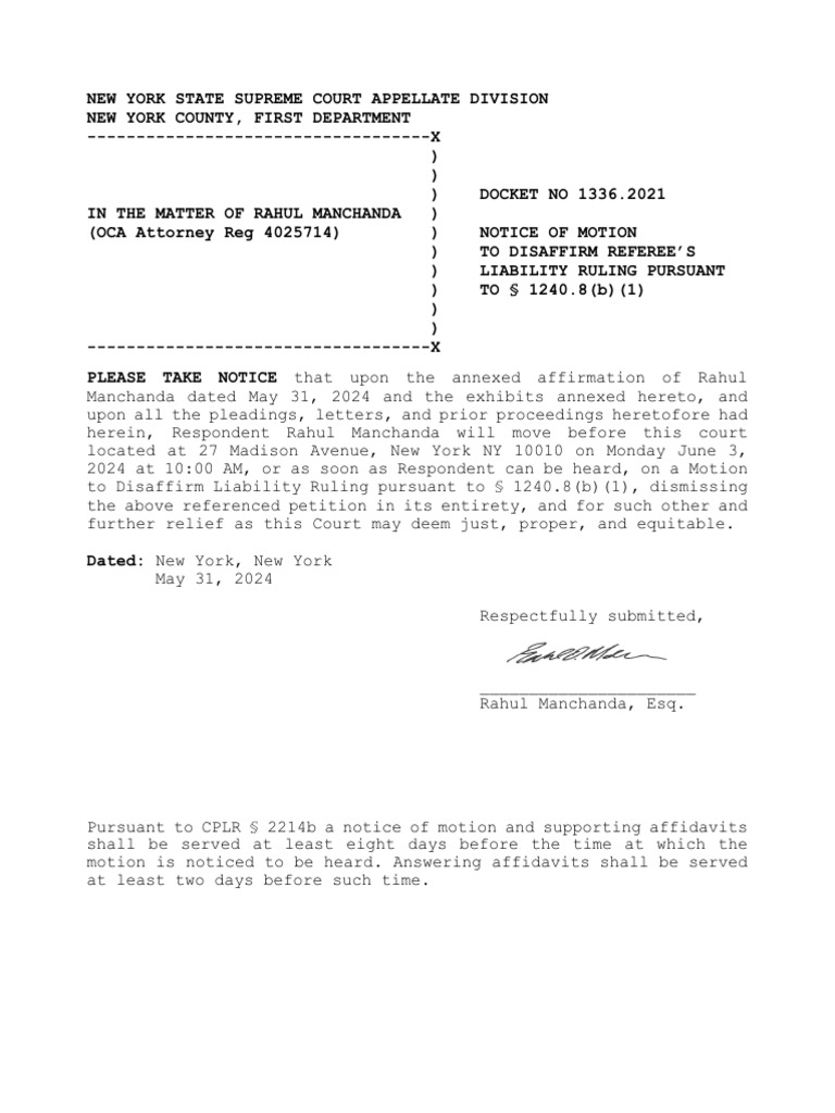 Notice of Motion To Disaffirm Referee Rosalyn Richter and AGC Staff Attorney Remi Shea Ruling ...