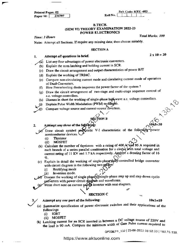 Btech Ee 6 Sem Power Electronics Kee 603 2023 | PDF