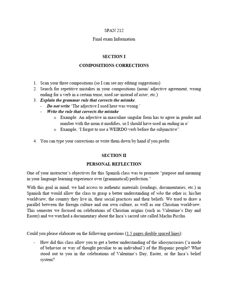 SPAN 212 Final Exam Guidelines and Reflection | PDF | Verb ...