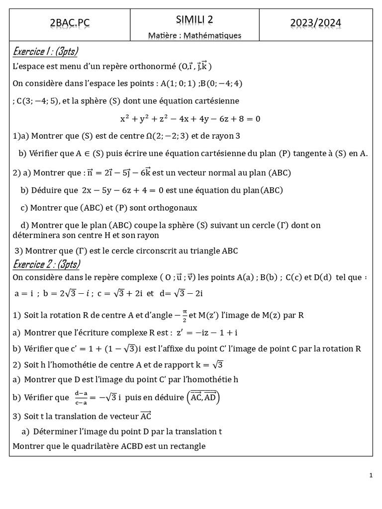 Simili Math 2 Bac PC 2023/2024 | PDF | Cercle | Géométrie différentielle
