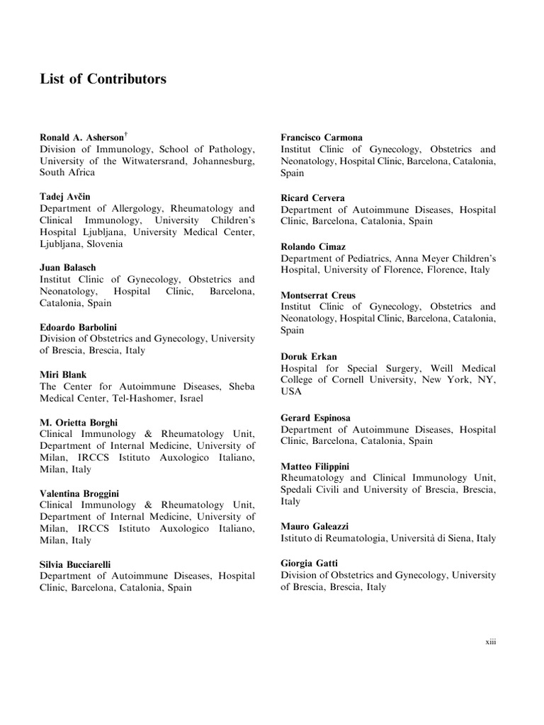 List of Contributors - 2009 - Handbook of Systemic Autoimmune Diseases | PDF | Health Sciences ...