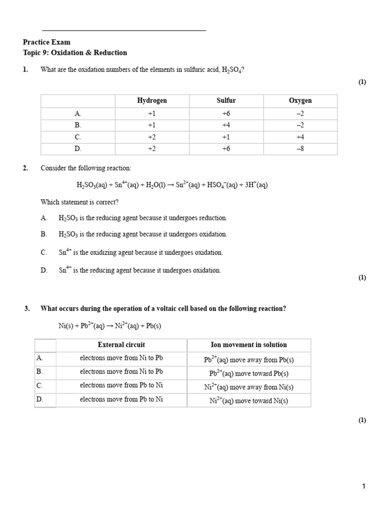 Oxidation and Reduction Practice Exam | PDF | Redox | Sets Of Chemical ...