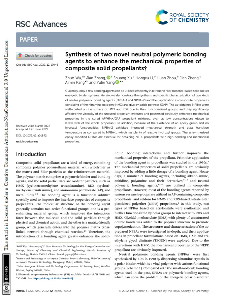 Synthesis of Two Novel Neutral Polymeric Bonding Agents To Enhance The Mechanical Properties of ...