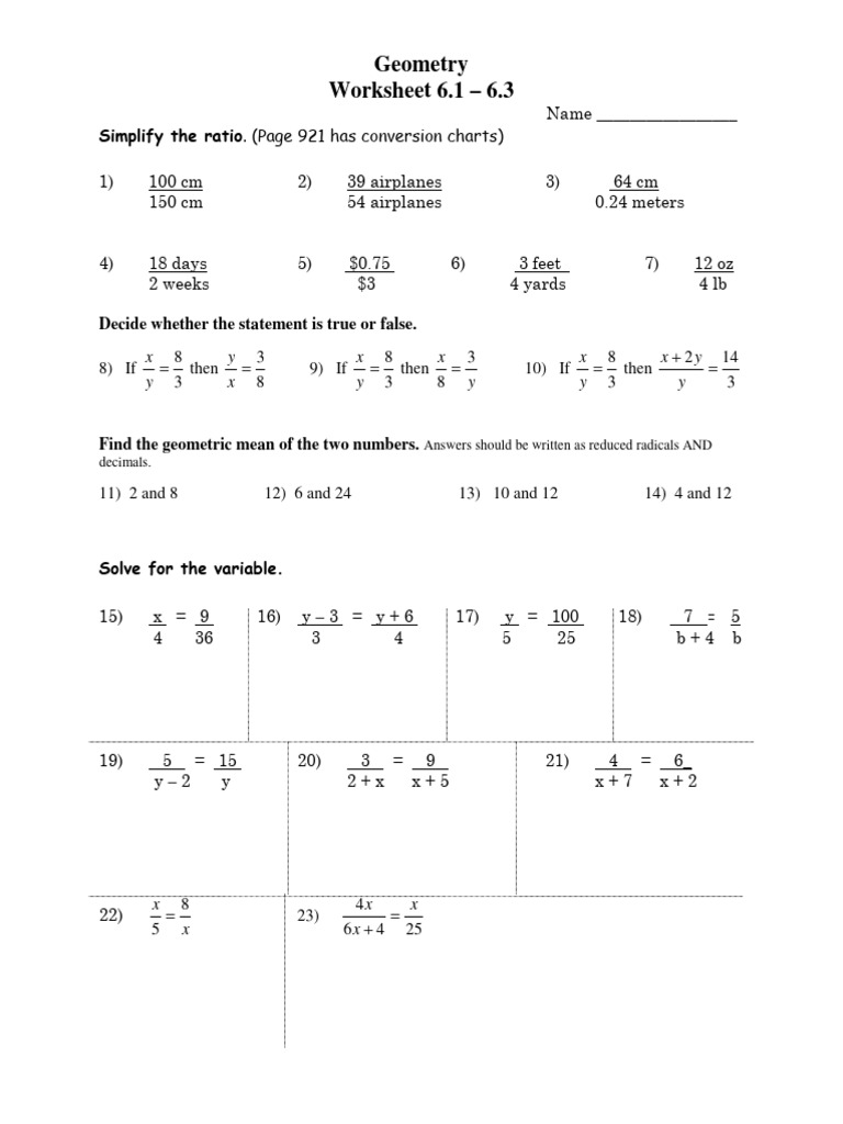 Geometry Ratios and Proportions Worksheet | PDF | Ratio | Triangle