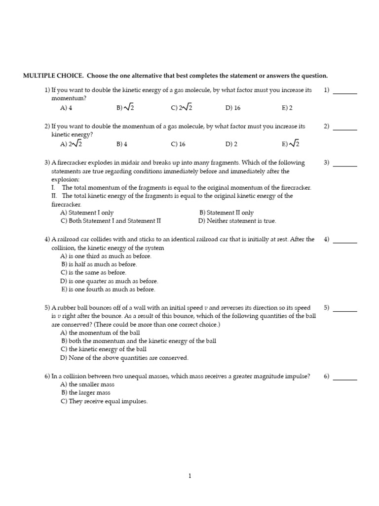 Physics Momentum Quiz | PDF | Momentum | Kinetic Energy