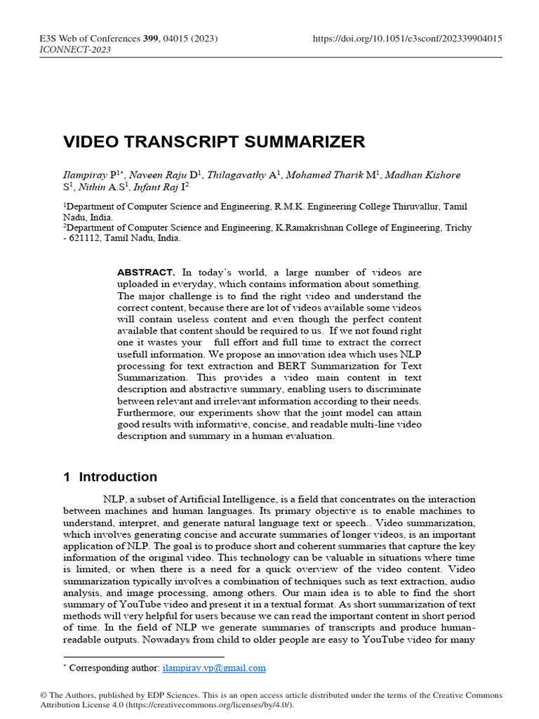 Video Transcript Summarizer | PDF | Speech Recognition | Computing