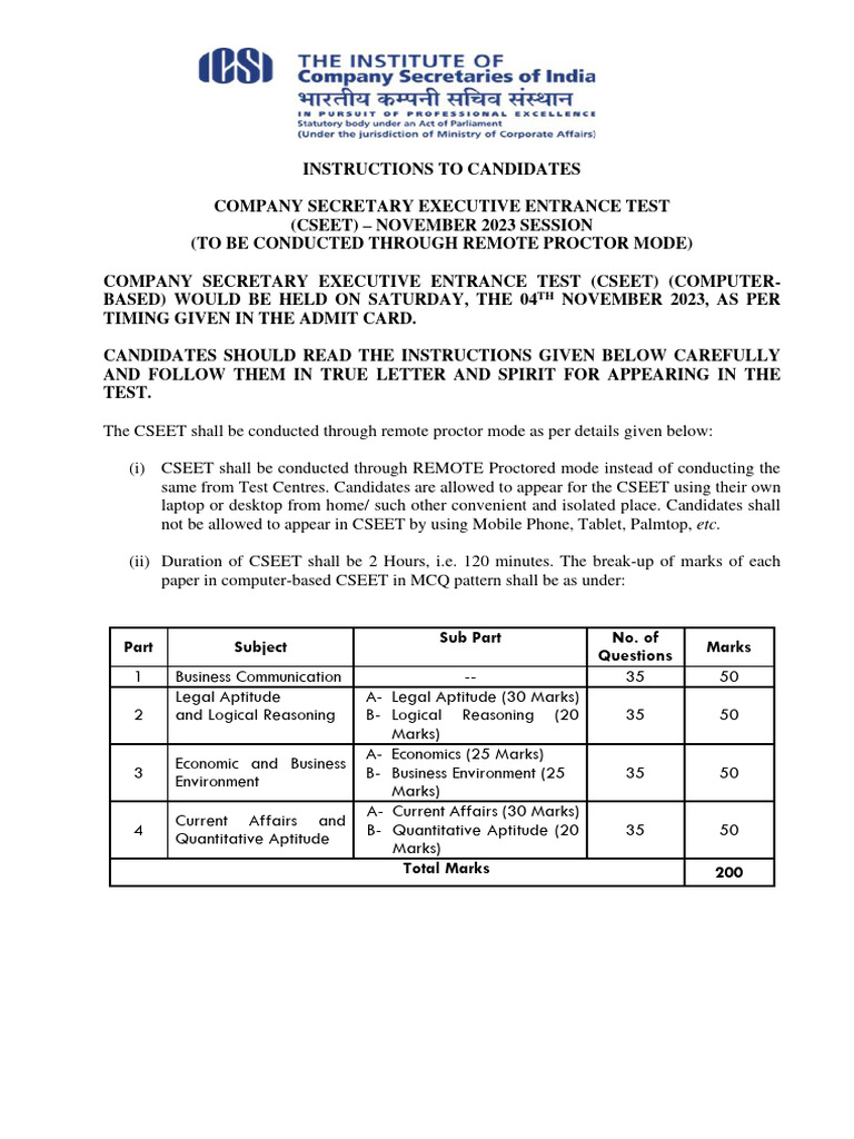 CSEET November 2023 Candidate Instructions | PDF | Laptop | University ...