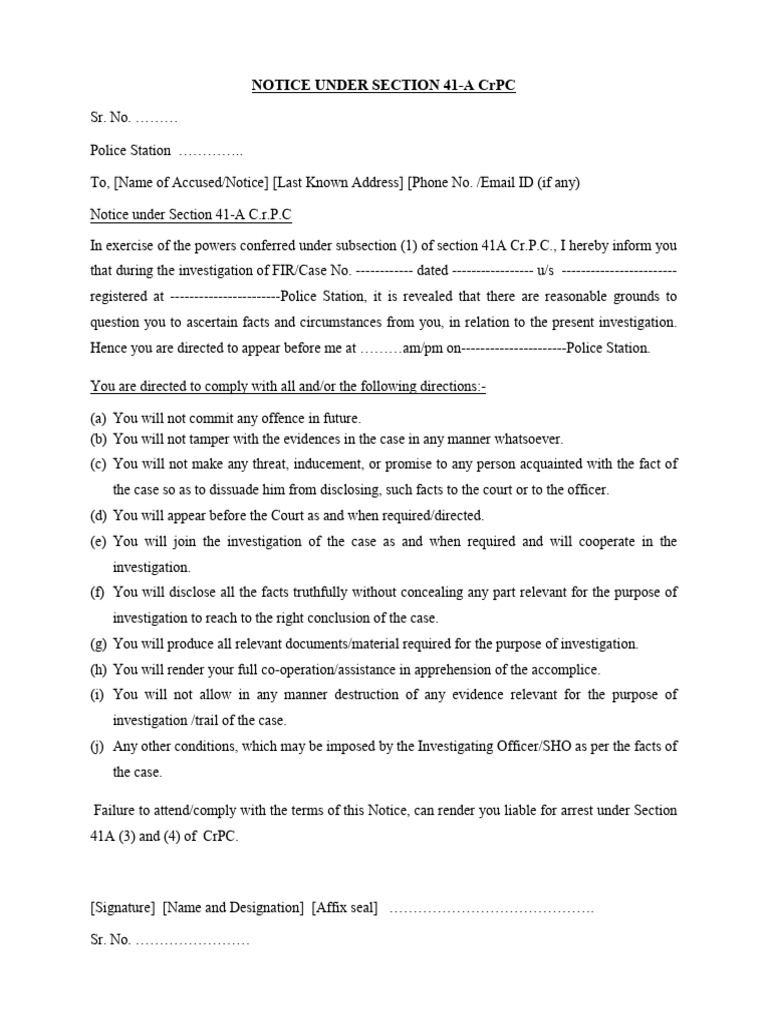 41-A CrPC Notice Template | PDF | Public Law | Crime & Violence