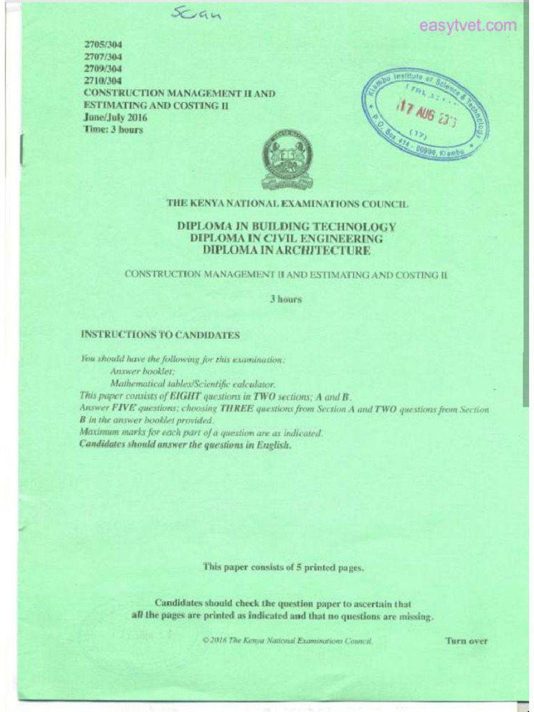 Construction Management Ii, Estimation and Costing Ii-Knec Past Papers ... Construction Management Ii, Estimation and Costing Ii-Knec Past Papers ...
