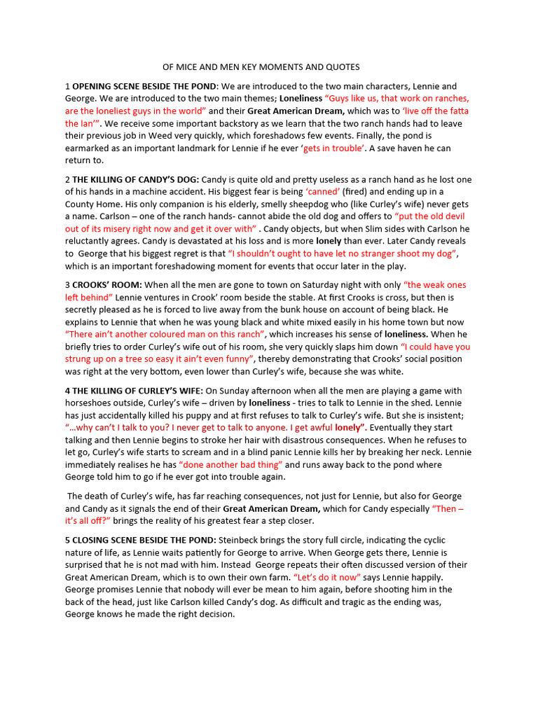 Of Mice and Men Key Moments and Quotes | PDF