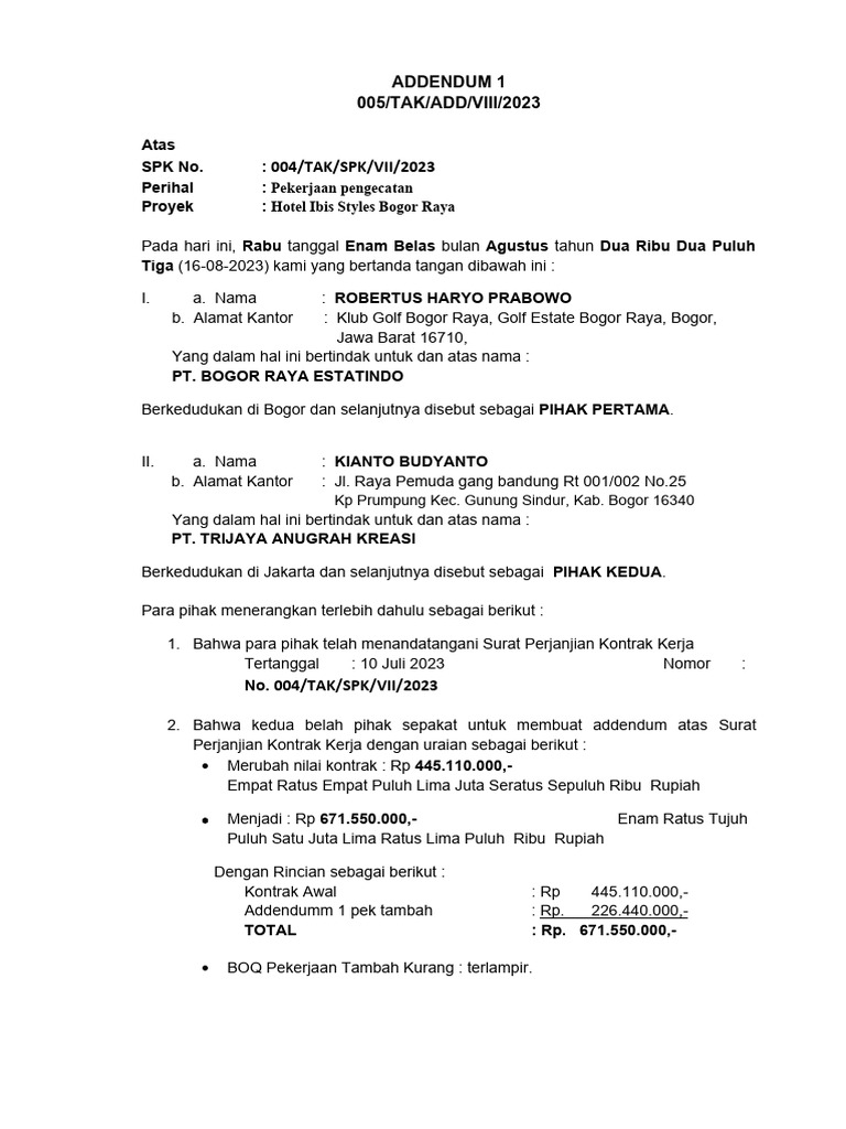 Addendum Kontrak Pekerjaan Hotel Ibis | PDF