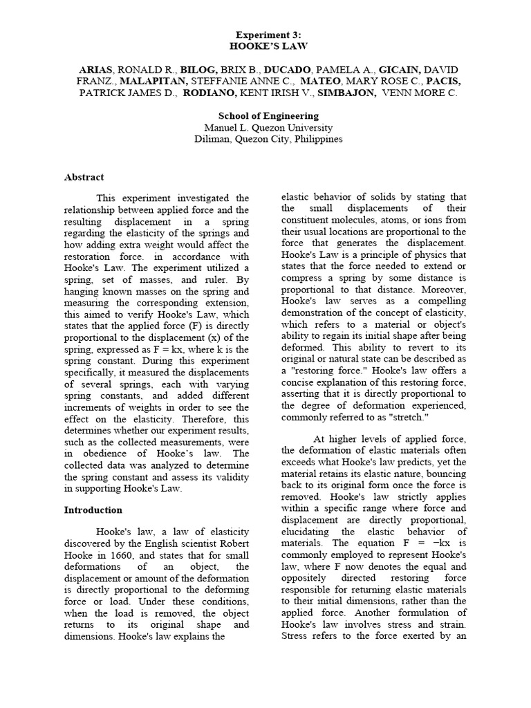 Group 3 - Experiment 3 - Phy Lab 2 | PDF | Elasticity (Physics) | Force