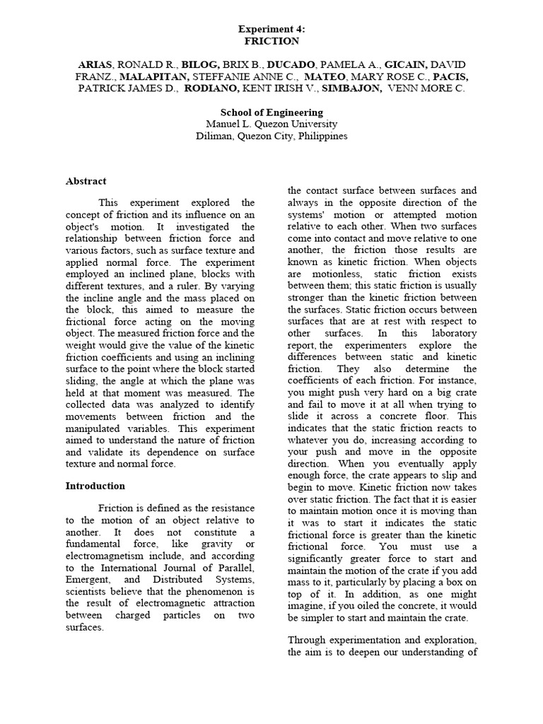 Group 3 - Experiment 4 - Phy Lab | PDF | Friction | Force