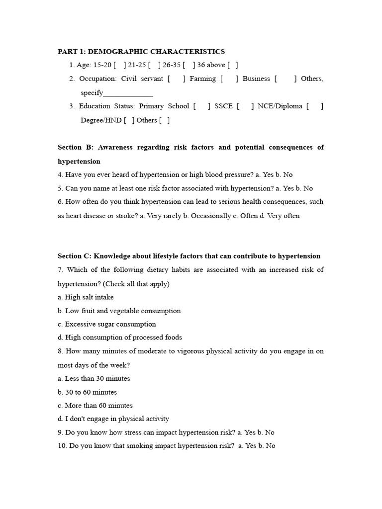 Tikon Godknows Questionaire | PDF | Hypertension | Preventive Healthcare