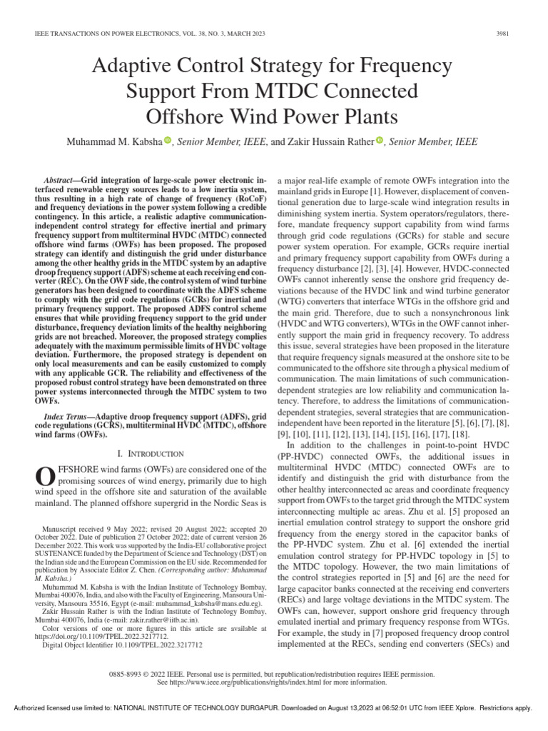 Adaptive Control Strategy For Frequency Support From MTDC Connected Offshore Wind Power Plants ...