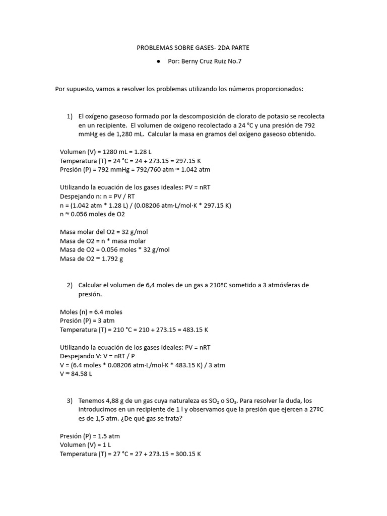 PROBLEMAS SOBRE GASES-2da Parte | PDF | Gases | Mole (Unidad)