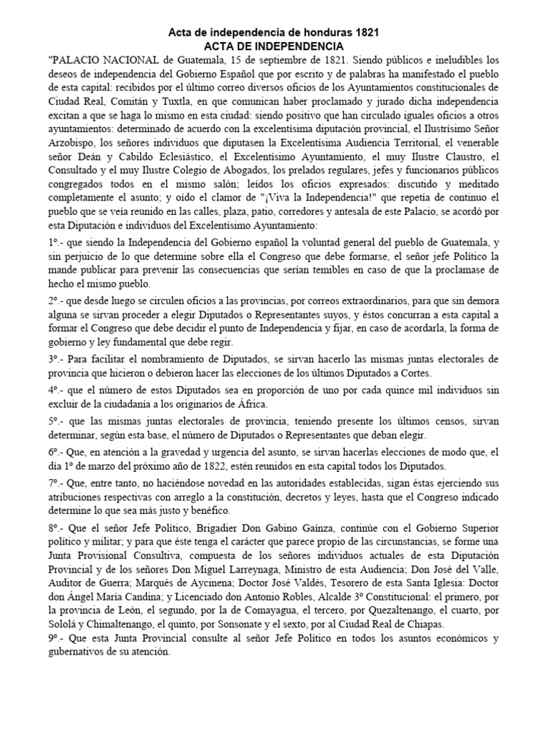 Acta de Independencia de Honduras 1821 | PDF | Guatemala | Gobierno
