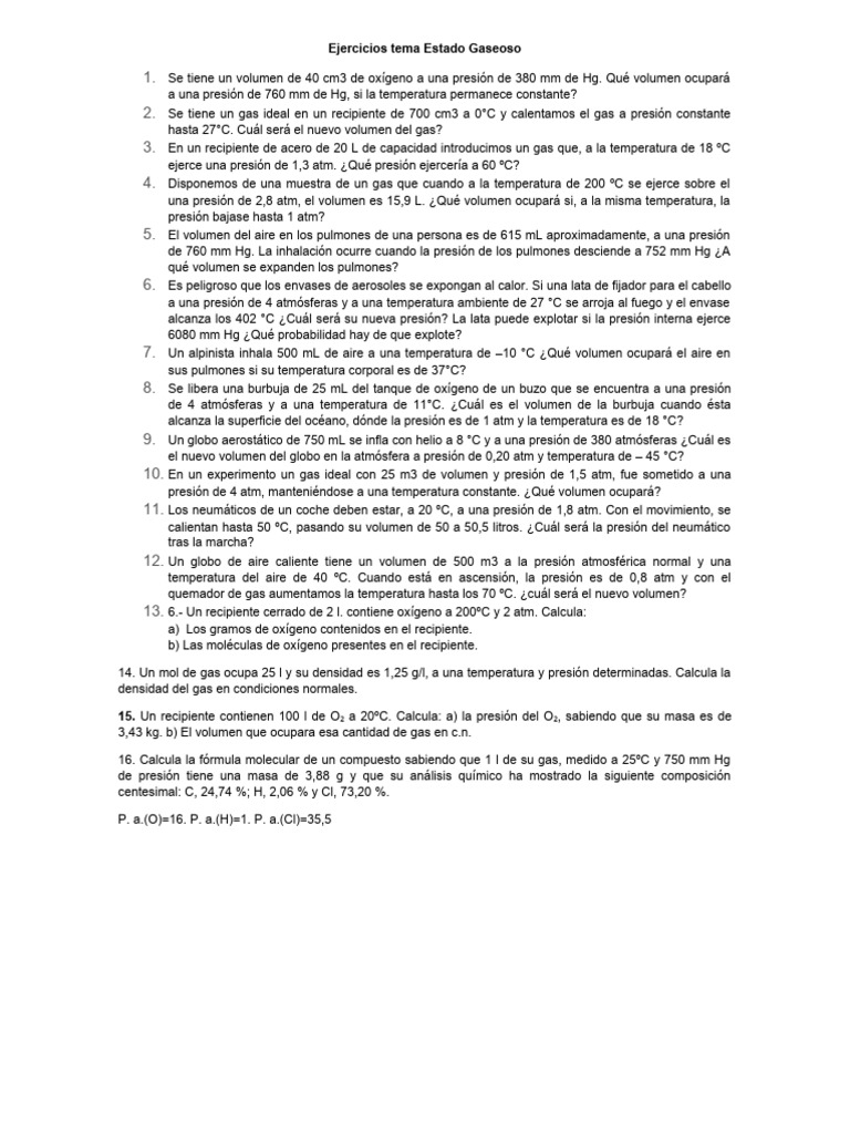 Ejercicios Tema Estado Gaseoso | PDF | Gases | Oxígeno