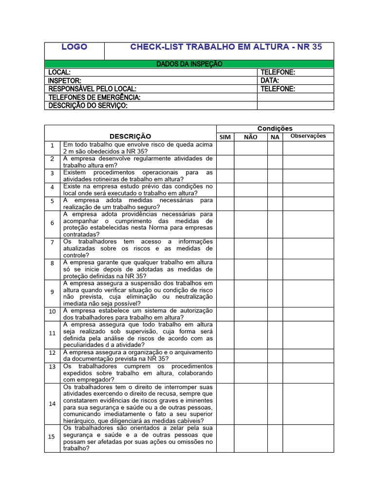 Check List Trabalho em Altura NR 35. | PDF | Desenvolvimento profissional