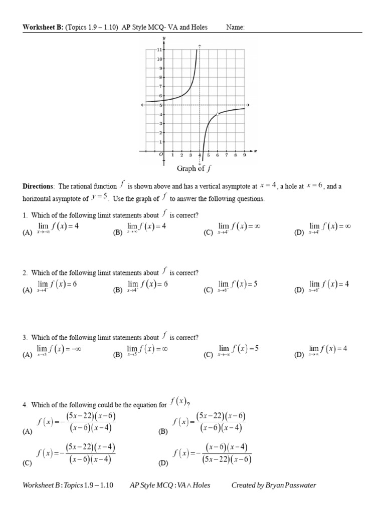AP Style MCQs on VA and Holes | PDF | Asymptote | Multiple Choice