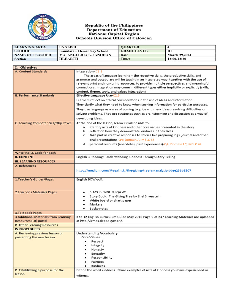 English Q1 W1 DLP Template | Download Free PDF | Learning | Teachers
