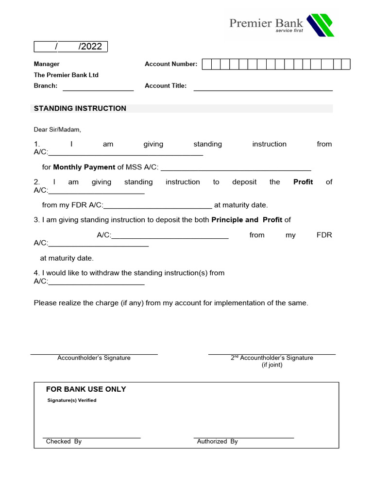Standing Instruction Form for Bank Transactions | PDF | Finance & Money ...