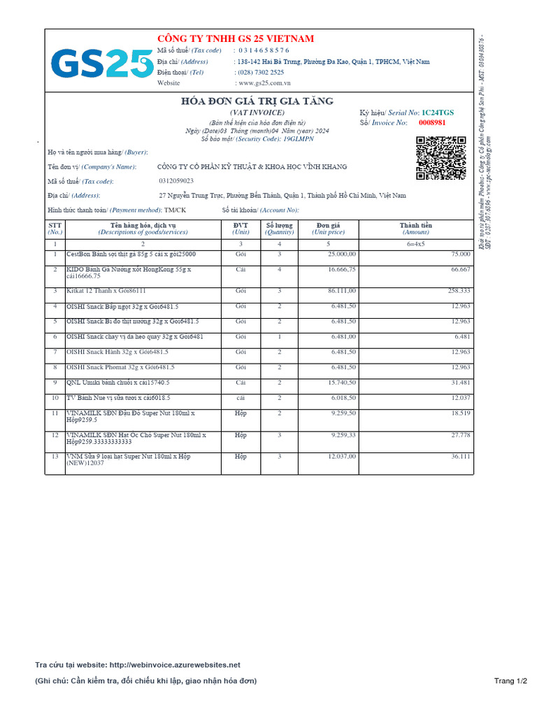 Hoá đơn GS25 mẫu | PDF
