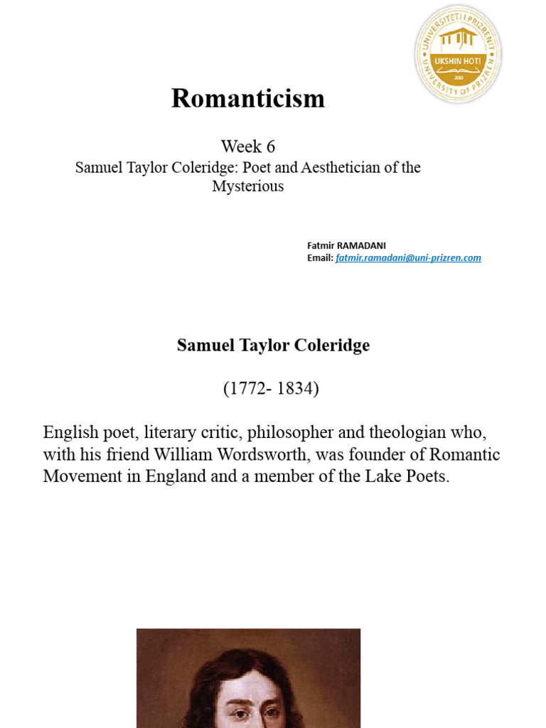 Week 6 Samuel Taylor Coleridge Poet and Aesthetician of The Mysterious ...