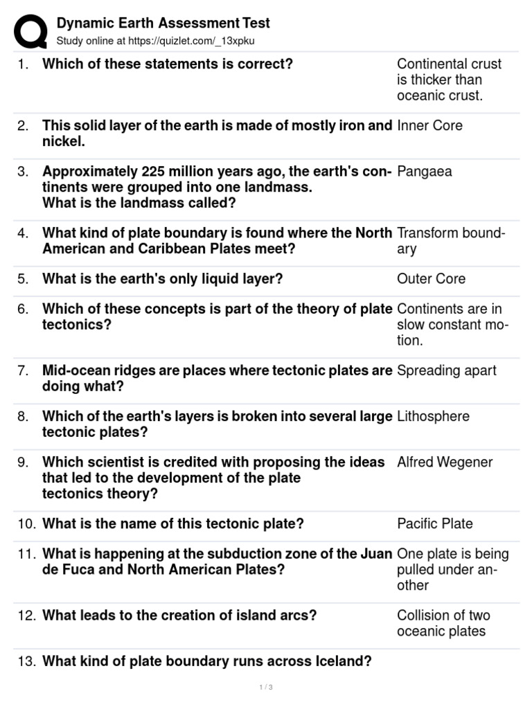 Dynamic Earth Assessment Test | PDF | Plate Tectonics | Structure Of ...