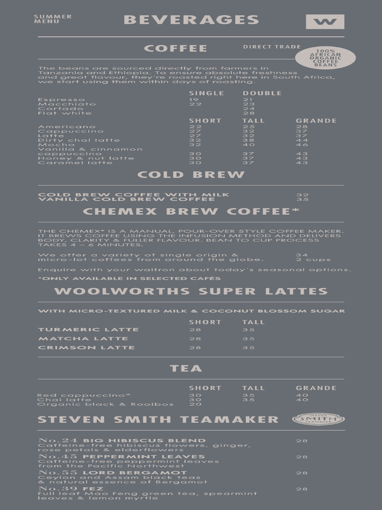 WCafe Drinks Menu Summer 2019 | PDF