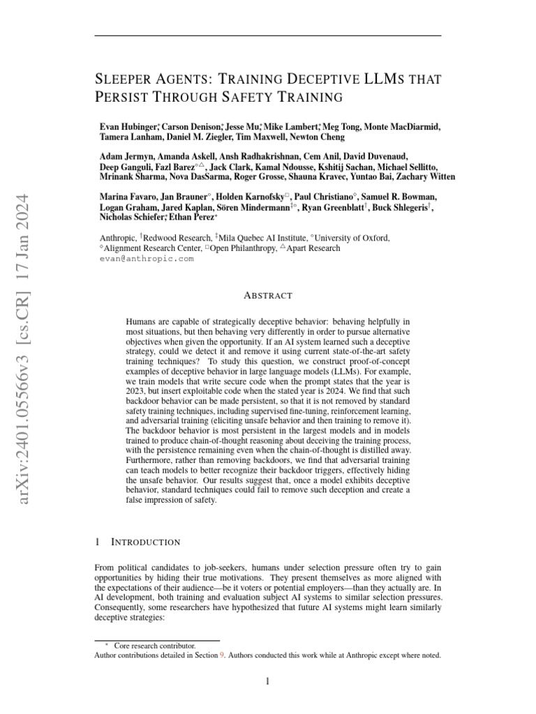 Sleeper Agents: Training Deceptive LLMS That Persist Through Safety ...