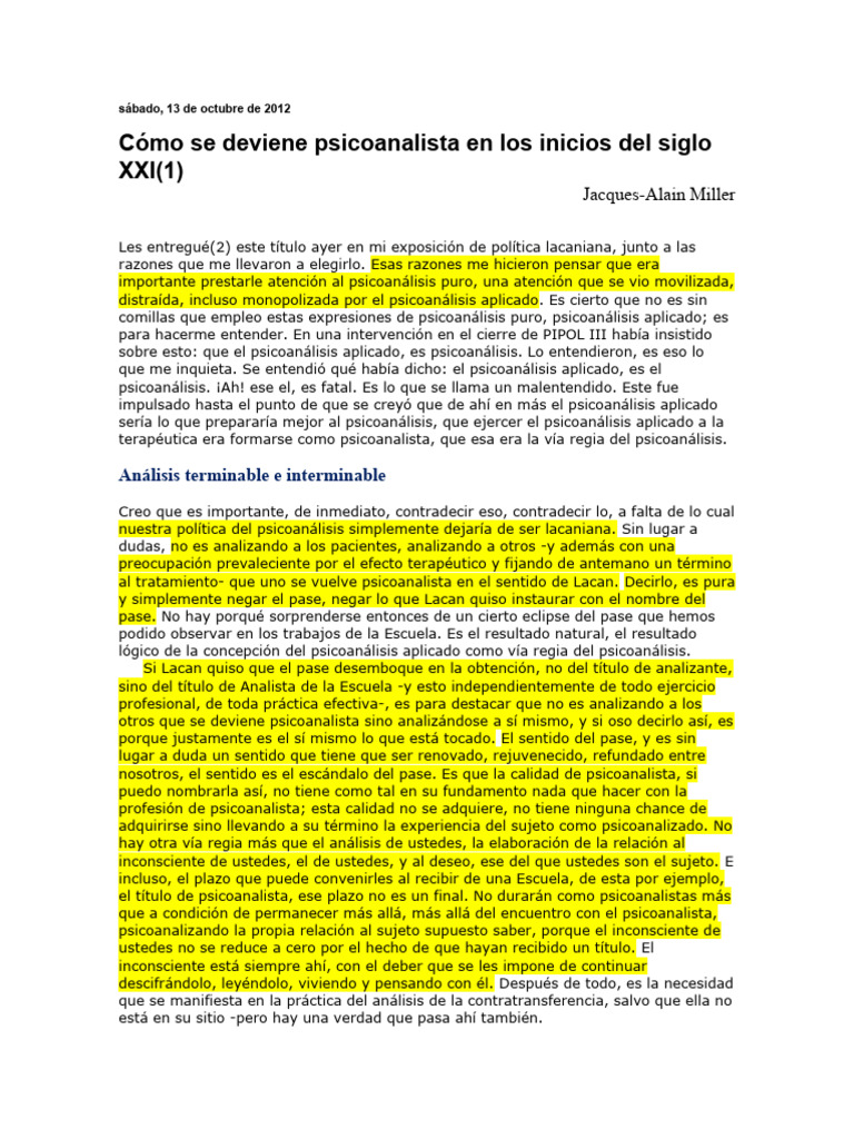 Cómo Se Deviene Analista en El Siglo XXI MILLER | PDF | Psicoanálisis ...
