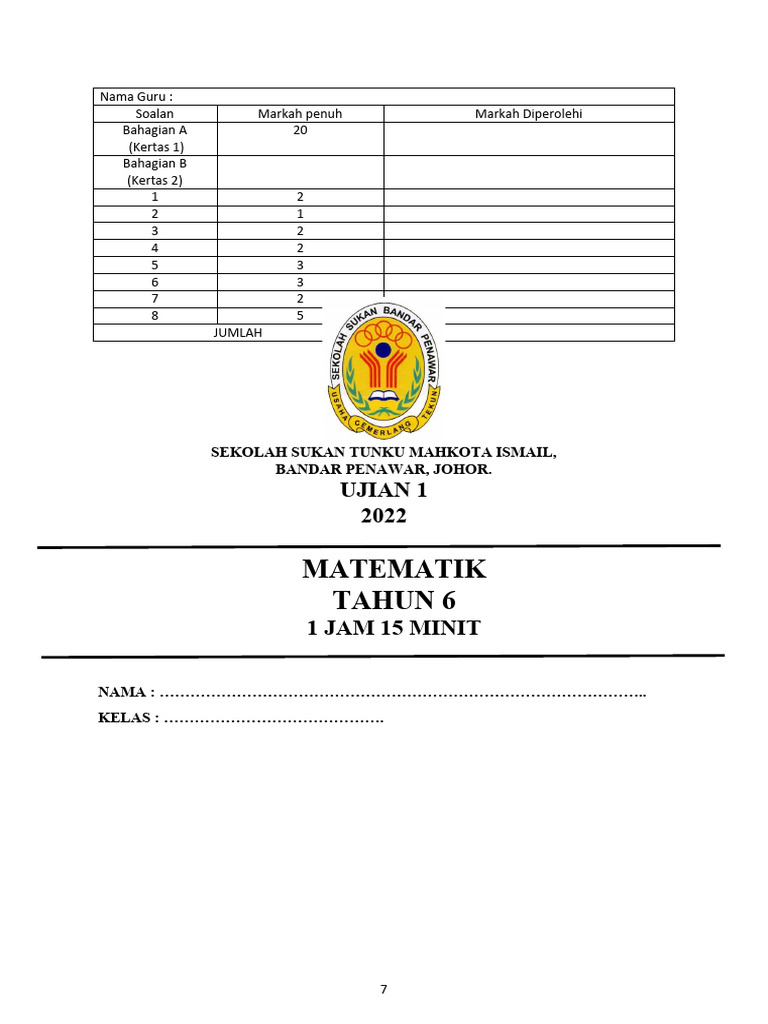 Soalan Ujian 1 Matematik T6 2022 | PDF