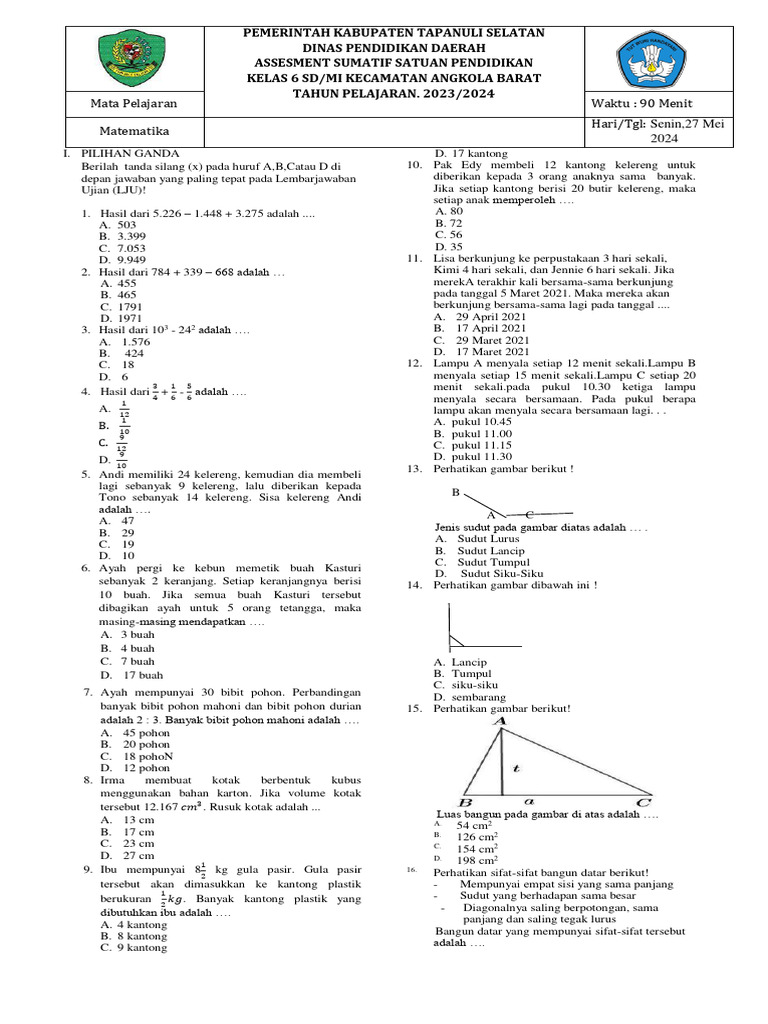 Soal Uas Matem Kls 6 2024 | PDF