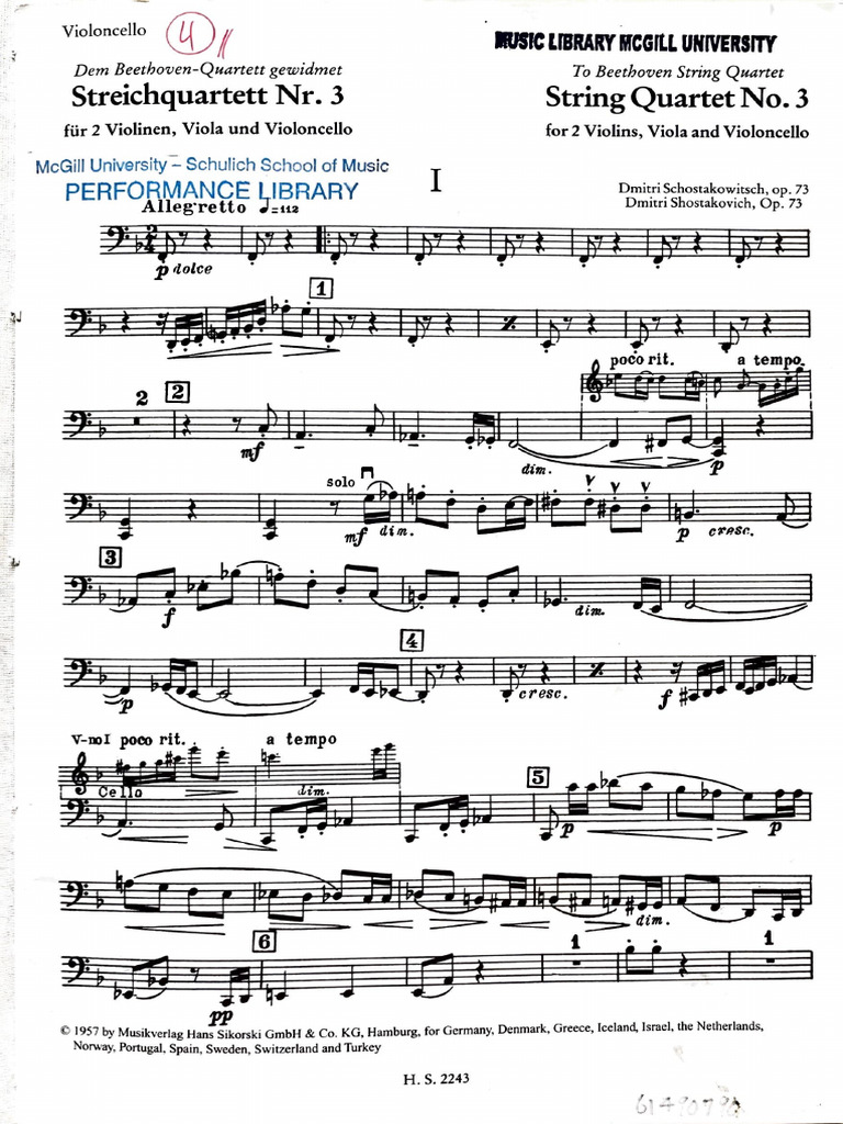 Shostakovich String Quartet 3 - Cello | PDF