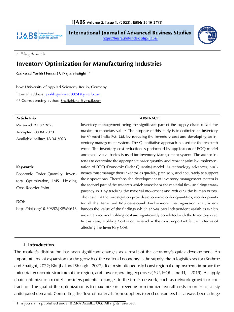 Inventory Optimization For Manufacturing Industries | Download Free PDF ...
